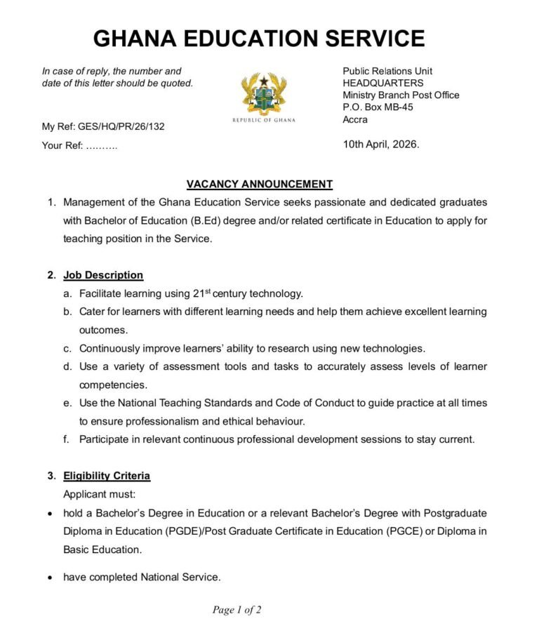 GES Teacher Recruitment 2026: Applications Open April 10 – Requirements ...