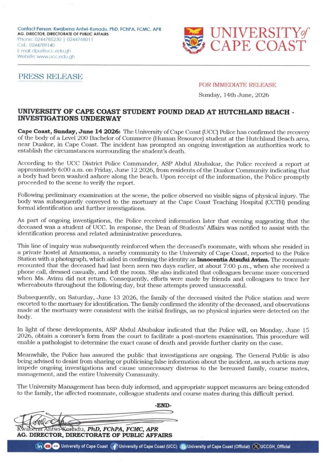 UCC Extends Support to Family and Students Following Death of Level 200 ...